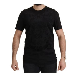 Dolce & Gabbana Homme, Tops, Noir, Taille: XL T-shirt en Coton Noir Motif Baroque