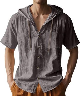 Generic Uwdiohq Chemise &Agrave; Capuche D&eacute;contract&eacute;e pour Homme Manches Courtes, en Coton Et Lin, Le Printemps L&Eacute;t&eacute; Chemisette Grande Taille (Dark Gray, XXXL) &Eacute;t&eacute; C