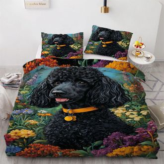 Generic Schwarzer Pudel Bettbezug Mit 3D Druckmuster, S&uuml;&szlig;er Hund Mikrofaser Bettbezug Set Mit Rei&szlig;verschluss Und Kissenbez&uuml;gen Geeignet F&uuml;r Jugendliche Und Ki