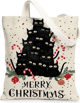 Generic Sacs fourre-tout en toile avec motif chat de No&euml;l, sacs d&eacute;picerie r&eacute;utilisables, vintage, l&eacute;gers et lavables avec bandouli&egrave;re, Cr&egrave;me, 13x15 Inch