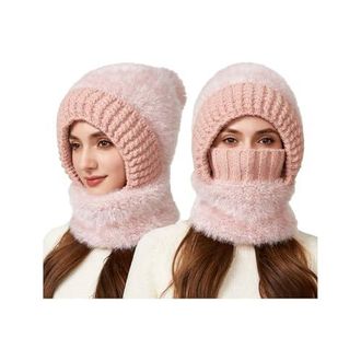 Generic Capuche en tricot thermique pour femme - Bonnet dhiver doubl&eacute; en polaire, cache-cou et couvre-visage Combo bonnet, &eacute;charpe, masque avec cache-oreilles