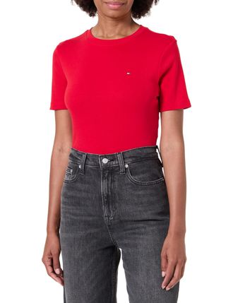 Tommy Hilfiger Damen T-Shirt Kurzarm Slim Cody Rundhalsausschnitt, Rot (Primary Red), XS
