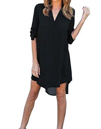 LaoZan Femme Mini Robe Chemise Casual à Manches Longues Robe été Chemisier Robe Top Tunique Blouse Long L Noir