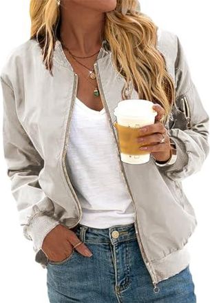 Minetom Veste Femme Motard Blouson Printemps Automne Léger Bombers Jacket Sweatshirt Sport Vintage Outwear Zippé Court Jacket B Beige XL