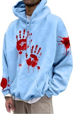 Generic Sweat &agrave; capuche dHalloween pour homme, pull &agrave; capuche avec empreintes de main de sang dHalloween | Pull tendance pour les vacances, bleu clair, 3XL