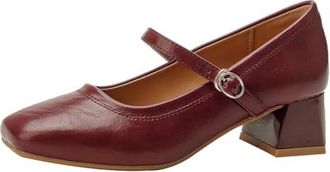 Minetom Femmes Mary Jane Élégant Fête Soirée Mariage Ballerines à Talon Bloc Confortable Escarpins Chaussures avec Boucle B Rouge 34 EU