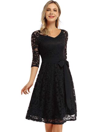 KOJOOIN Damen Vintage Kleid Brautjungfernkleid Knielang Langarm Spitzenkleid Cocktailkleid Schwarz XL