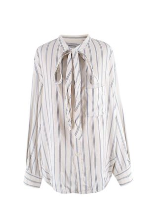 Balenciaga White and Blue Striped Silk Logo Shirt Size S