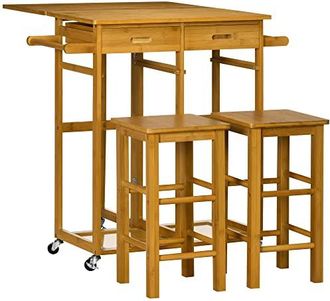HOMCOM Ensemble de table haute de bar et 2 tabourets, table haute de cuisine en bambou avec roulettes, plateau pliable, gain de place, tiroirs, porte-serviet