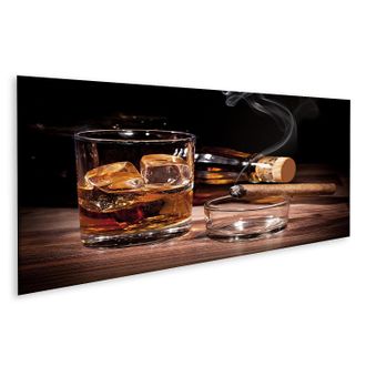 Islandburner Leinwandbild Whisky Mit Zigarre Und Eis Auf Holztisch - Leinwand 120x40cm - Panorama