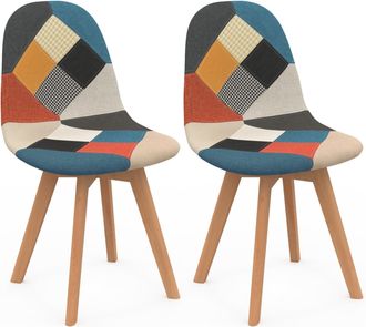 IDMarket Set mit 2 skandinavischen Stühlen aus Buche Sara, Patchwork-Motiv, mehrfarbig, für Büro