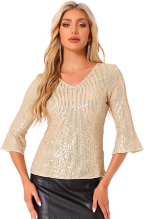 Allegra K Haut à Paillettes pour Femme Manches 3/4 évasées Col en V Chemisier de Fête en Sequin Blouse Métalliques Scintillantes Or S