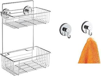 WENKO Vacuum-Loc Wandregal 2 Etagen Bari, Wandablage zur Montage, 26 x 38 x 17 cm & Vacuum-Loc Wandhaken im 2er Set, Handtuchhalter, Haken für Handtücher un