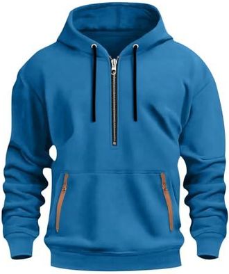 Generic DENGJIAMY Sweat à capuche semi-zippé pour homme, chemise classique unie, manches longues, pull décontracté, sweat à capuche tendance avec poche, bleu,