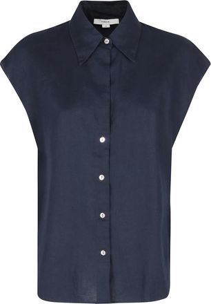 Vince Femme, Blouses et Chemises, Bleu, Taille: 40 FR Chemisier en lin &agrave; manches courtes et boutonnage sur le devant