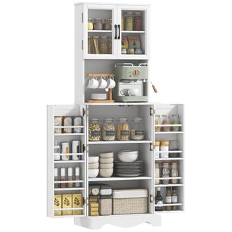 HOMCOM Hohe K&uuml;chenanrichte, K&uuml;chenschrank, Geschirrschrank mit Vitrine, 4 T&uuml;ren, 8 Gew&uuml;rzregale, Arbeitsfl&auml;che, verstellbares Regal, Aufbewahrungsm&ouml;bel f&uuml;r W