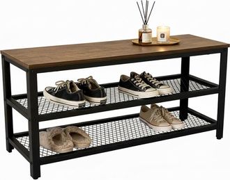 Relaxdays Banc &agrave; chaussures Relaxdays, 8 paires, HxLxP 45x100x30 cm, 2 &eacute;tag&egrave;res grille, banc imitation bois, brun/noir