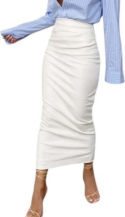 Minetom Jupe en Cuir Femme Jupe Sexy Taille Haute Party Midi Jupe Clubwear Élastique Moulante Slim Crayon Jupe F Blanc L