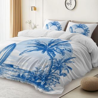 Generic Weiß Bettwäsche-Set für Teenager Erwachsene, Retro Strand Surfen Aufdruck, Weiche Wendedesign 3 Teilig Bettbezug 155 x 200 cm mit Reißverschluss, 2 Ki