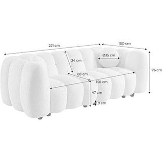 Sweeek Canap&eacute; 3 Places Coquillage en Bouclette Blanc L 221 x P 100 x H 76cm - Perla