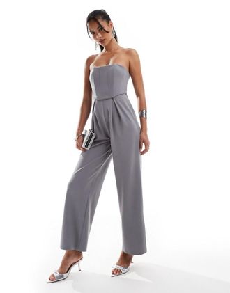 Asos ASOS Design - Ärmelloser Korsett-Jumpsuit in Rauchgrau mit weitem Bein