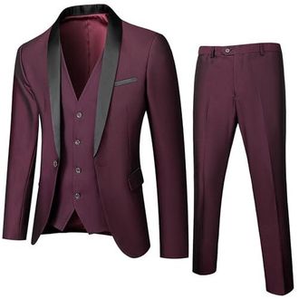 Generic Veste ch&acirc;le &agrave; un bouton pour homme, gilet et pantalon, 3 pi&egrave;ces, coupe ajust&eacute;e, costume classique, d&icirc;ner, bal, f&ecirc;te, mariage Tux, Rouge, XXL