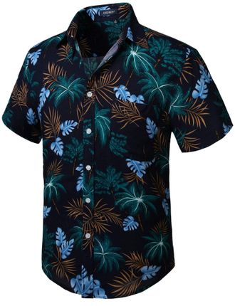 Hisdern Men Funky Hawaiian Kokosnussbaum Shirts Kurzarm Vordertasche Urlaub Sommer Aloha Bedruckter Strand Casual Navy Blue Hawaii Shirt XXXL