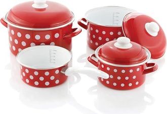 GSW Kochtopf-Set Pünktchen - hochwertiges Topfset bestehend aus 3 Töpfen und 1 Kasserolle, inkl. Deckel, auch für Induktion - Stahl-Emaille, Rot / Weiß, 7