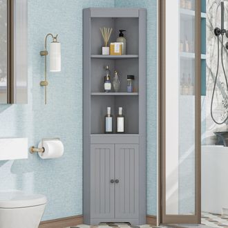 Generic Badezimmer Eckschrank Grau Holz Hochschrank f&uuml;r Ecke Badregal Stehend mit 3 F&auml;chern und T&uuml;r Platzsparende Eckkommode f&uuml;r Kleines Bad G&auml;ste WC 170 cm