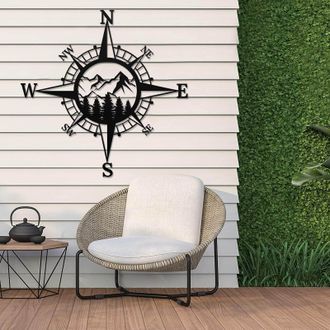 Generic Schwarzes Kompass-Berg-Wandbild aus Metall, maritimes Waldmotiv aus Metall f&uuml;r drinnen und drau&szlig;en, Moderne Skulptur mit Kompass-Bergmotiv f&uuml;r Wohnzim