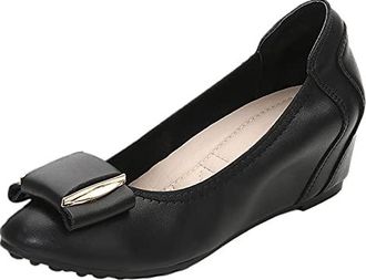 Rismart Chaussures Femme a Talon Compensé A Enfiler Talon Bas Habillé Pompes Mocassin Noir,38.5