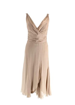 Alberta Ferretti Camel Silk Chiffon Draped Midi Dress Size XS