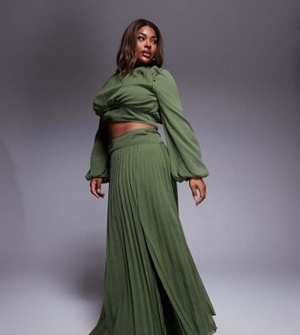 Asos Curve ASOS DESIGN Curve - Jupe longue densemble plissée à taille basse - Olive-Vert