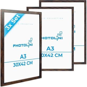 Photolini Cadre A3 30 x 42 bois MDF chêne foncé, lot de 3 cadres photo pour posters et affiches, verre acrylique incassable, décoration murale à suspendre, avec