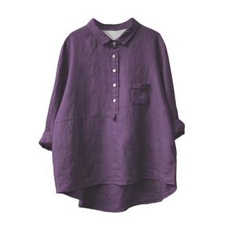 Generic Chemisier habill&eacute; en lin pour femme - D&eacute;contract&eacute; - Col &agrave; revers - Manches longues - Col en V - Haut de bureau basique, violet, 3XL