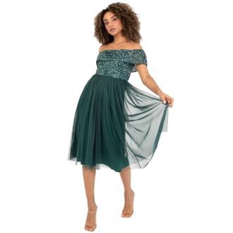 Maya Midikleid f&uuml;r Damen, Schulterfrei, kurz&auml;rmlig (Smaragd)