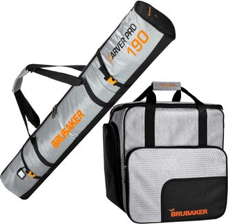 Brubaker Kombi Set CarverTec Pro - Skisack und Skischuhtasche f&uuml;r 1 Paar Ski + St&ouml;cke + Schuhe + Helm - Silber Orange - 190 cm