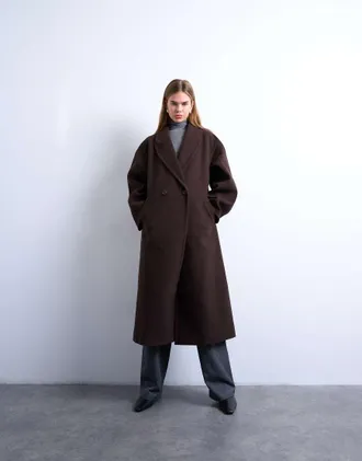 Topshop Manteau long habillé à manches ovoïdes et double boutonnage - Chocolat-Brown