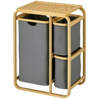 HOMCOM Wäschebox, Wäsche Organizer, Wäschekorb, Aufbewahrungskorb, schmutziger Wäschekorb, Bambus, 3 herausnehmbare und verschiebbare Körbe aus Vlies - 49 x 