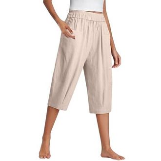 Generic Pantalon court en coton et lin pour femme en &eacute;t&eacute; ample grande taille en lin taille &eacute;lastique petits pieds sarouel polyvalent d&eacute;contract&eacute; pantalon cour
