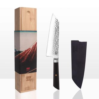 Kotai Santoku Bunka Kochmesser mit Saya und Bambusbox | 17-cm-Klinge | K&uuml;chenmesser | von Hand geh&auml;mmert und gesch&auml;rft | Japanischer ultrascharfer 440C-Edel