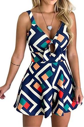 Onsoyours Été sans Manches Col V Combinaison Femme Chic Floral Imprimer Jumpsuit Rompers Combishort De Plage Marine 34