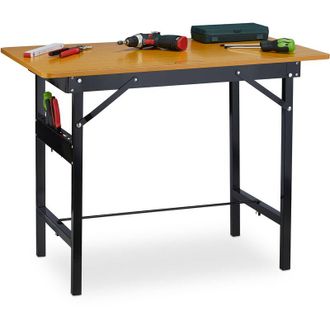 Relaxdays Werkbank klappbar, bis 100 kg, L&auml;ngenma&szlig;, Winkelmesser, hbt 76x100x60cm, Arbeitstisch Werkstatt, natur/schwarz - Relaxdays