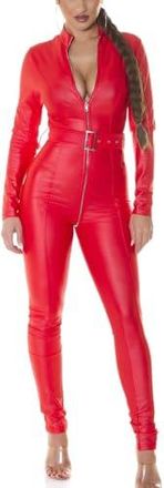 Koucla Gogo Combinaison aspect cuir à manches longues avec fermeture éclair chaude et ceinture, rouge, S