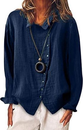 Minetom Chemisier Femme Manches Longues T-Shirt Oversized Tunique Col V Bouton Tops Blouse Chic Printemps Lin Casual Hauts D Bleu XXL