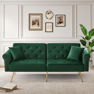 Generic Schlafsofa 2 Sitzer Samt Goldene Beine Couch mit Schlaffunktion 3-Stufen R&uuml;ckenlehne Inkl 2 Kissen Saugroboter geeignet G&auml;stebett Kleine R&auml;ume Sofa Be