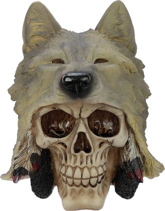 Puckator Goth, Skull and Steampunk Totenkopf mit Wolfskopf, aus Kunstharz, Mehrfarbig, Höhe 13,5 cm, Breite 15 cm, Tiefe 15,5 cm