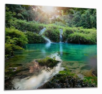 Wallario Herdabdeckplatte/Spritzschutz aus Glas, 1-teilig, 60x52cm, für Ceran- und Induktionsherde, Türkisgrüner See im Nationalpark in Guatemala