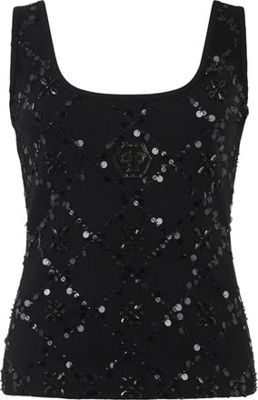 Philipp Plein Femme, Tops, Noir, Taille: 42 FR Tank Top Rhomb Flower Strass
