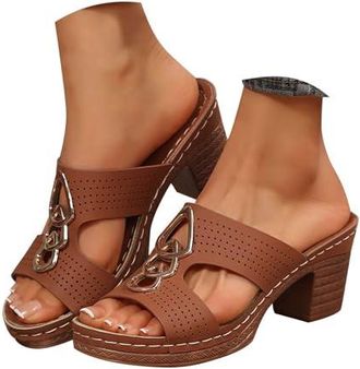 Generic Sandales &agrave; talon &eacute;pais pour femme 2026, talons carr&eacute;s &agrave; bout ouvert, sandales &agrave; enfiler en m&eacute;tal, pantoufles creuses, confortables, habill&eacute;es, orthop&eacute;